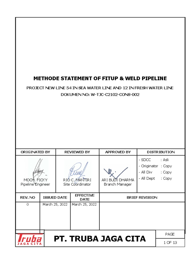 METHODE STATEMENT WELD & FITUP OF PIPE | PDF | Construction | Welding