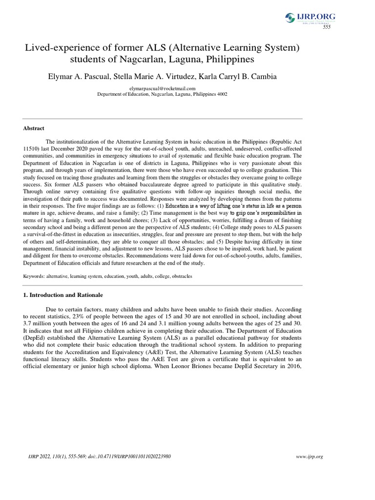 Lived-Experience of Former ALS (Alternative Learning System) Students of Nagcarlan, Laguna ...