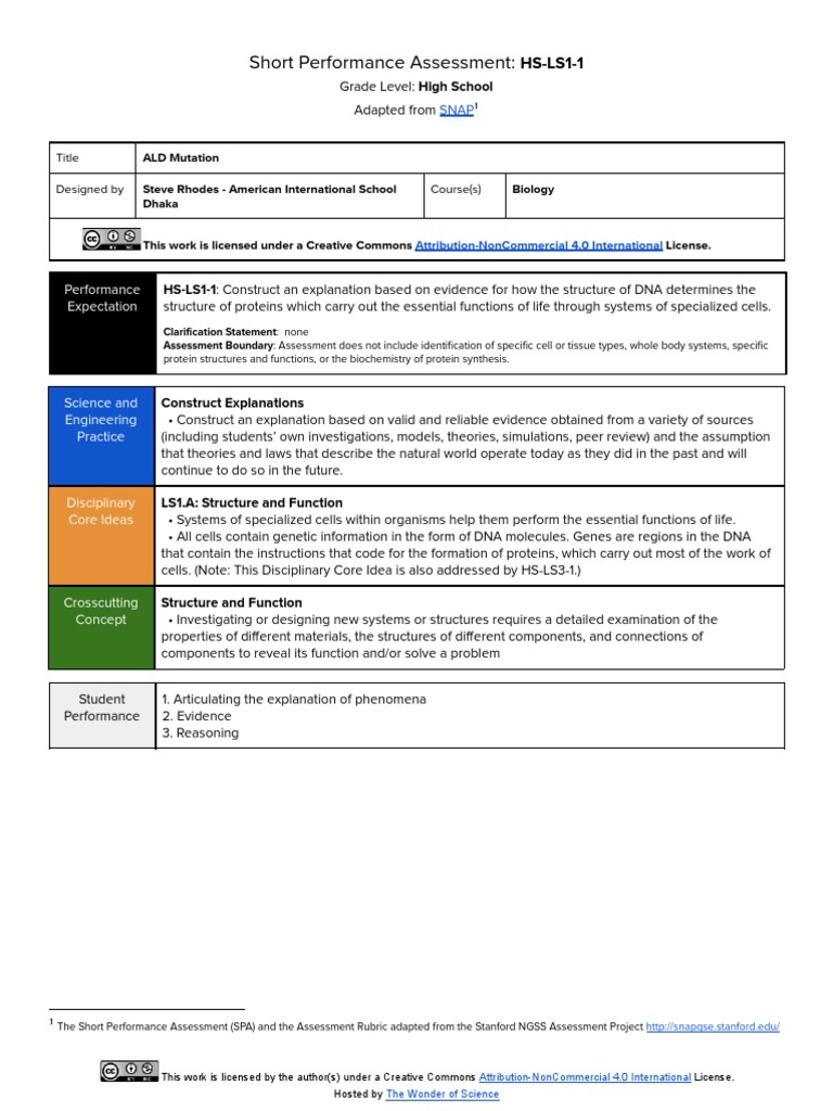HS-LS1-1 Assessment - ALD Mutation | PDF