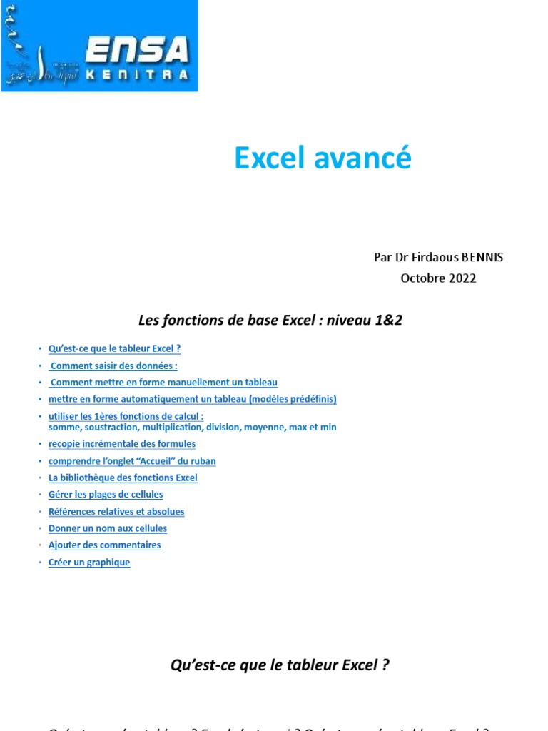 EXCEL Cours 1 | PDF | Microsoft Excel | Feuille de calcul