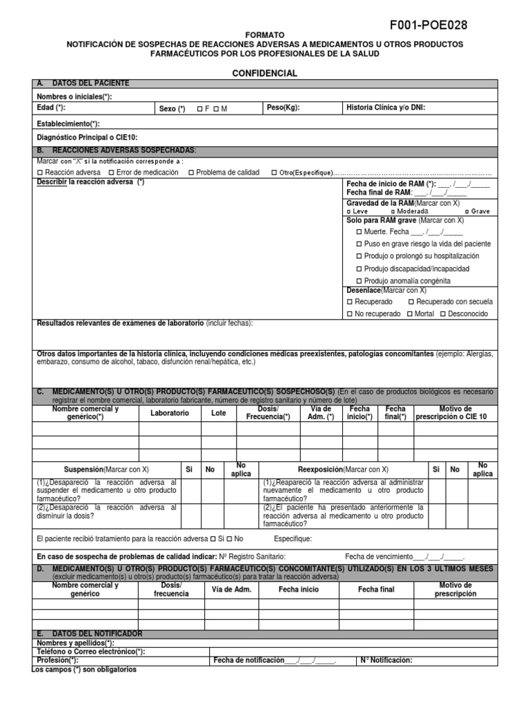 F001-Poe028 Registro de Notificacion de Sospechas de Reacciones Adversas A Medicamentos | PDF ...
