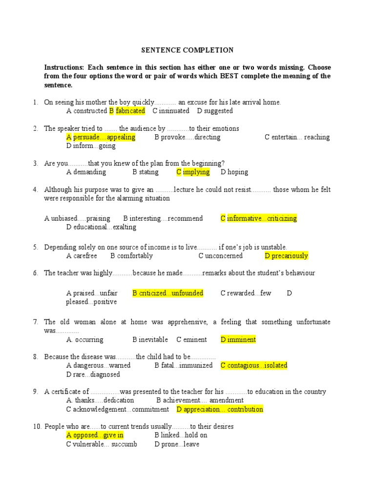 Jevon Brown - SENTENCE COMPLETION | PDF