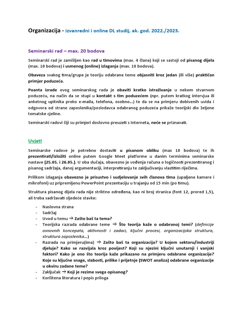 Upute Za Izradu Seminarskog Rada - Izvanredni I DL Studij | PDF