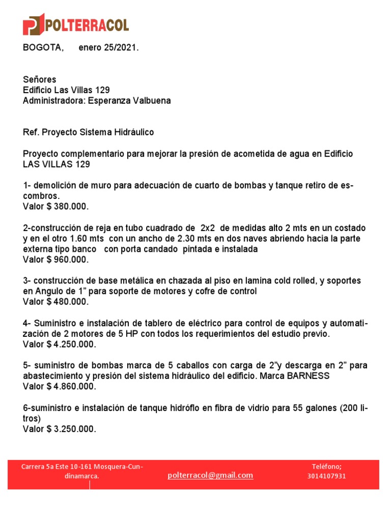 Proyecto Hidráulico Edificio Las Villas | PDF
