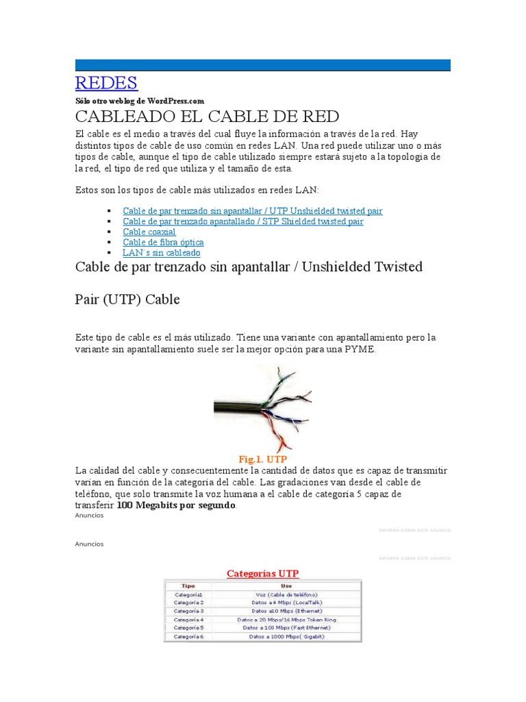Tipos de cableado utilizados en redes LAN y sus características | PDF