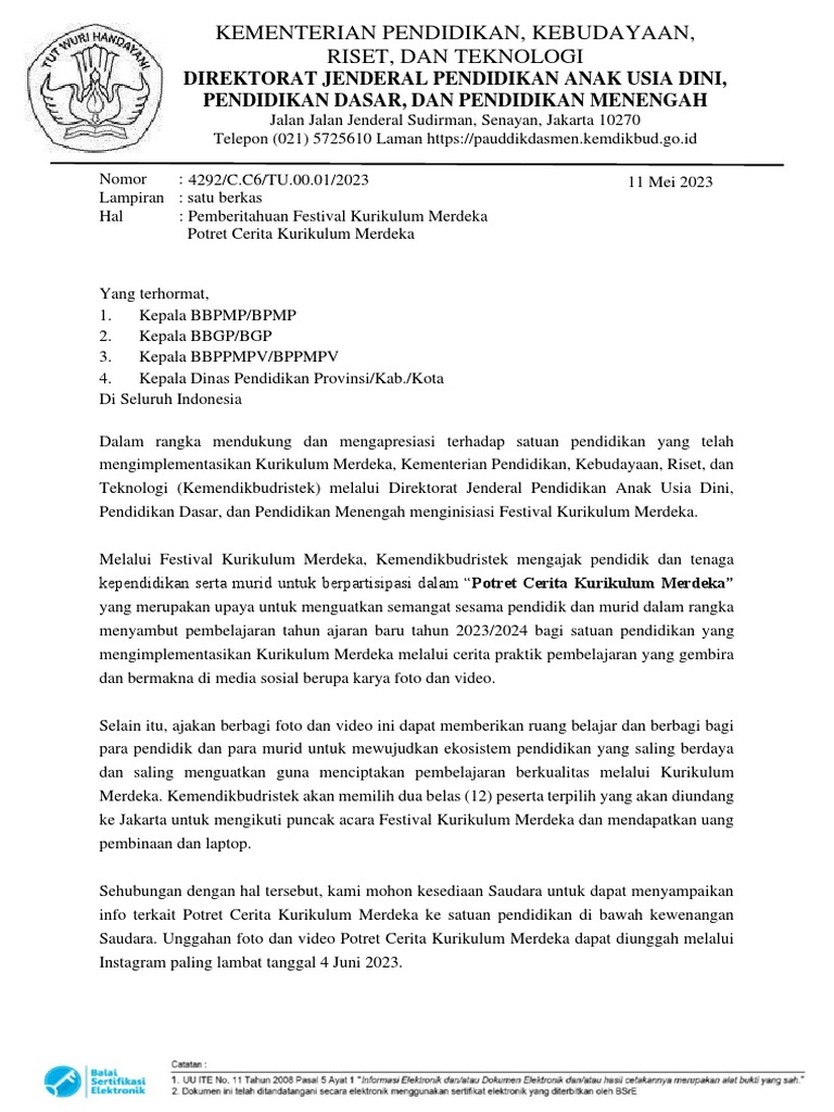 Surat Edaran Potret Cerita Kurikulum Merdeka | PDF