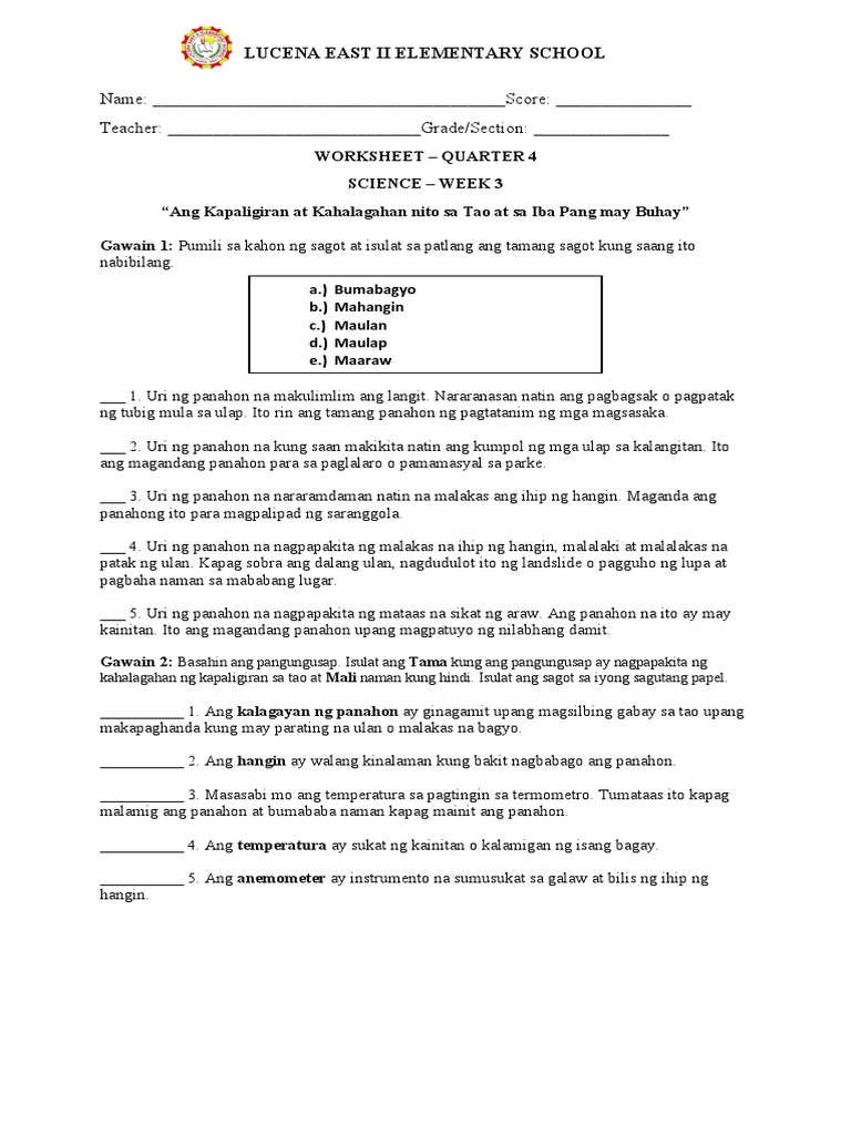 Science Q4 W3 Worksheet | PDF