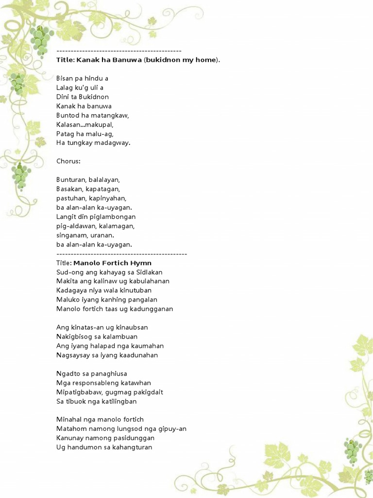 Bukidnon Hymn: Kanak ha Banuwa | PDF | History