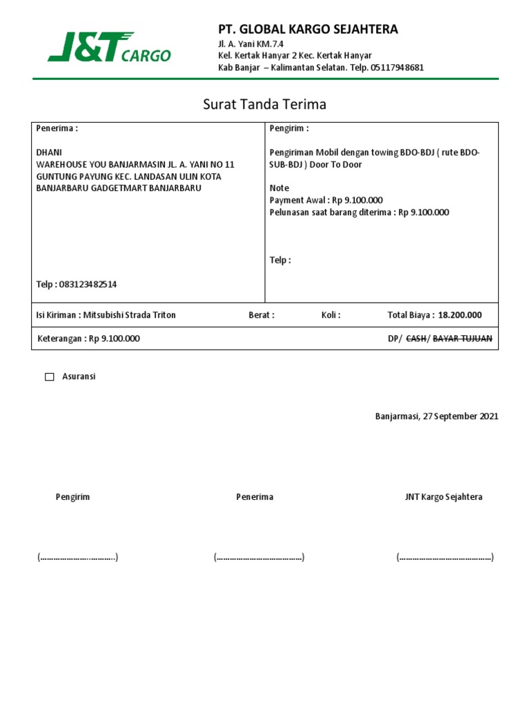Surat Tanda Terima Pengiriman JNT | PDF