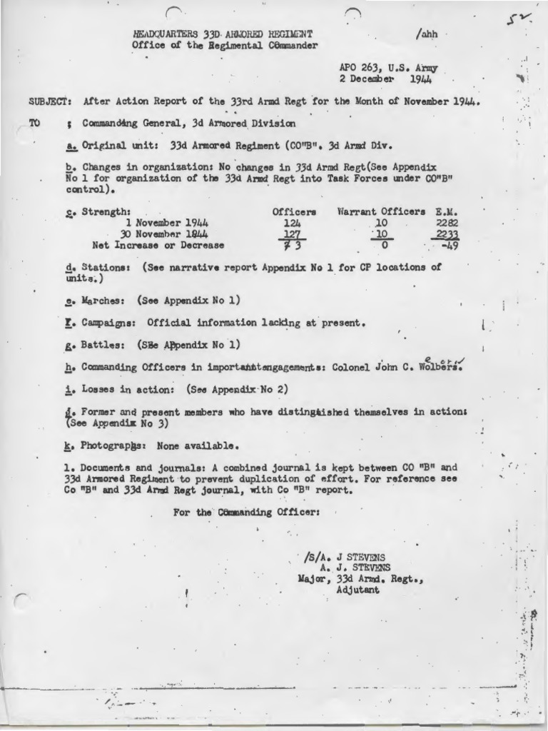 4 - 33rd Armored Regiment After Action Report November 1944 | PDF