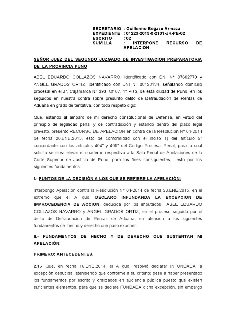 Recurso de Apelación de Auto Penal | PDF | Debido al proceso | Derecho ... Recurso de Apelación de Auto Penal | PDF | Debido al proceso | Derecho ...
