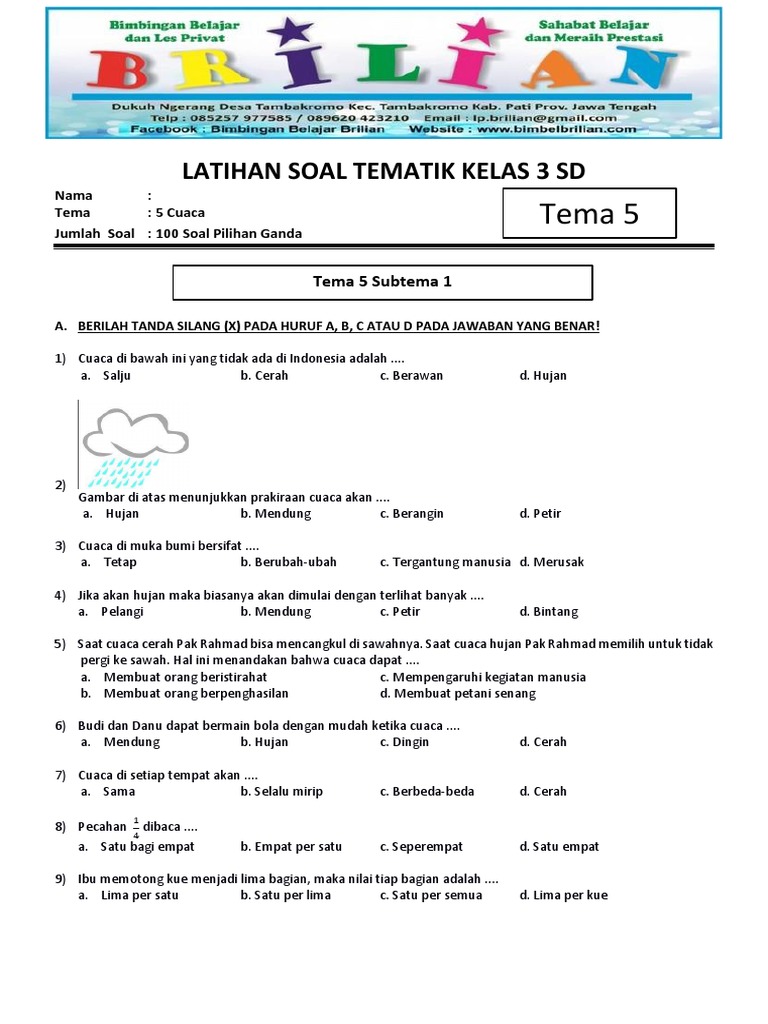 Soal Pilihan Ganda Kelas 3 SD Tema 5 Cuaca - WWW - Bimbelbrilian.com-1-10 | PDF