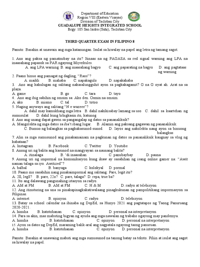 THIRD QUARTER EXAM IN FILIPINO 8 | PDF