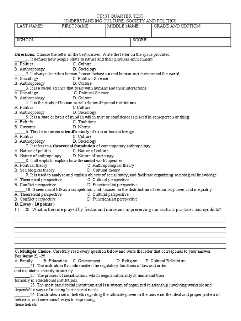 Ucsp First Quarter Summative Test | PDF