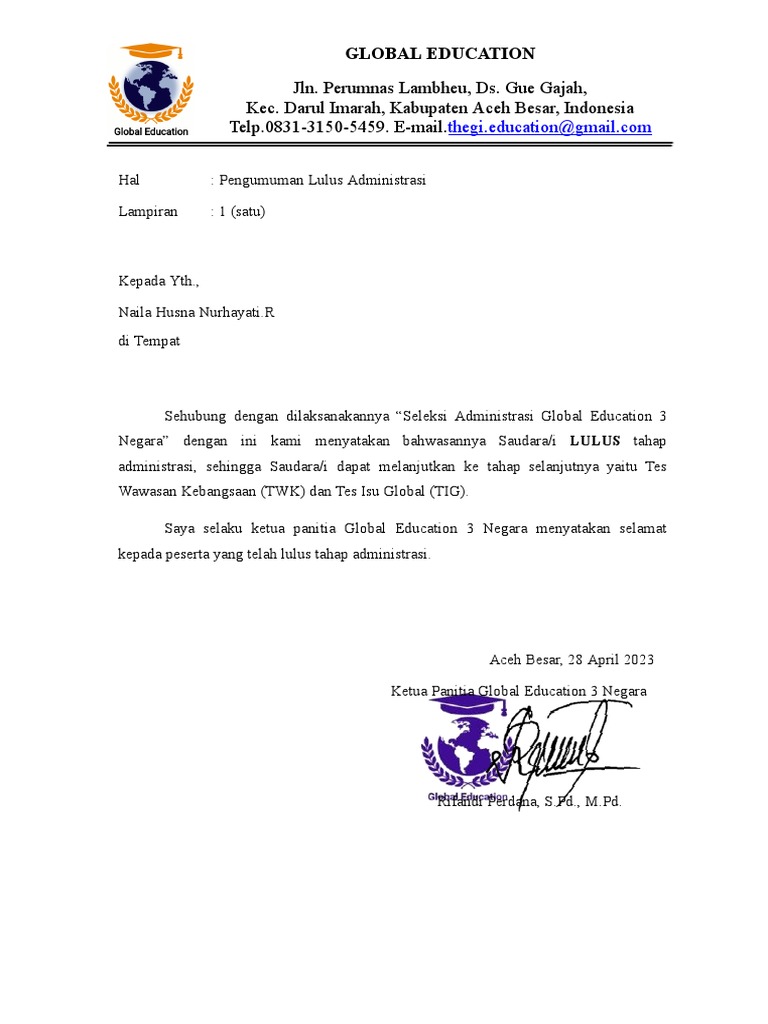 Surat Kelulusan Administrasi | PDF
