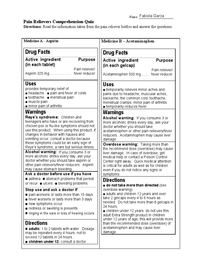 Pain Relievers Quiz: Aspirin vs Acetaminophen | PDF