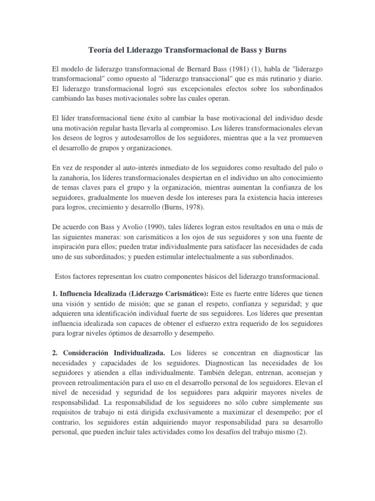 Teoria Del Liderazgo Transformacional de Bass y Burns | PDF | Liderazgo | Sicología