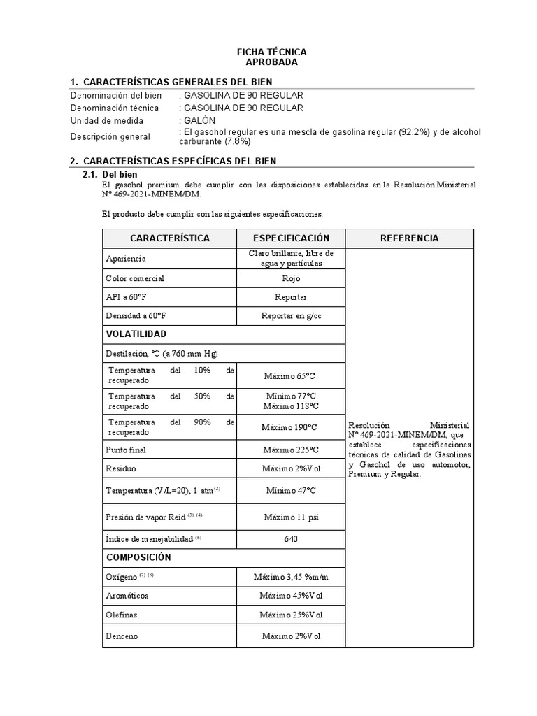 Especificaciones técnicas y características de la gasolina regular de ...