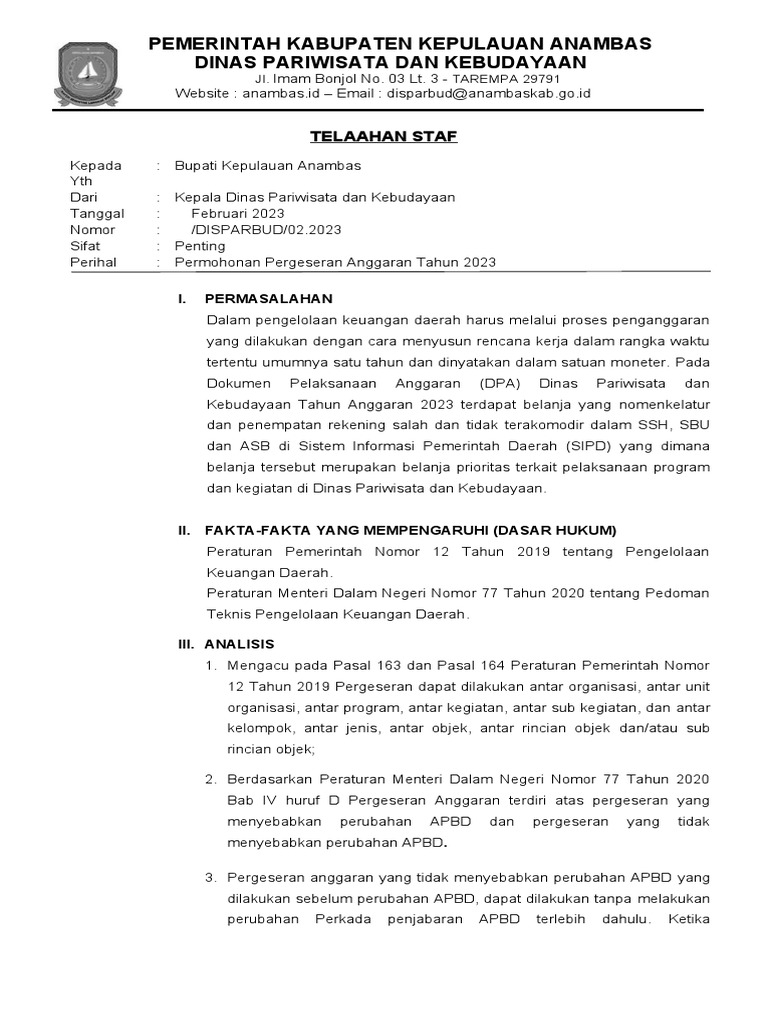 TELAAH STAF PERGESERAN ANGGARAN Rev | PDF