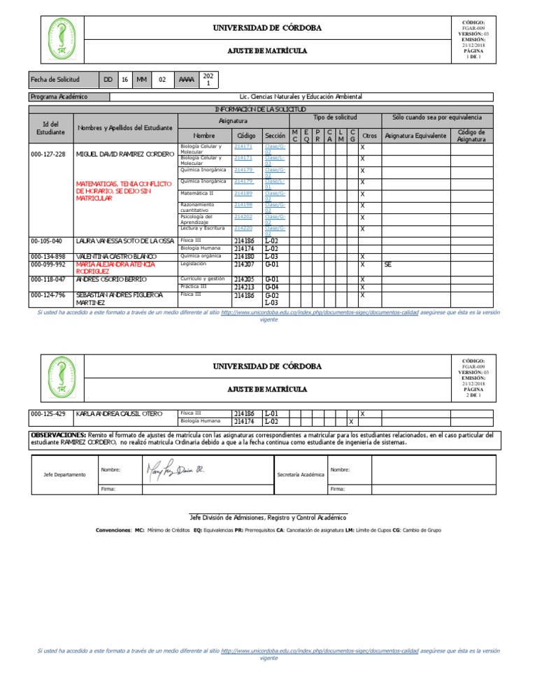 Ajuste de Matricula 2021 | PDF