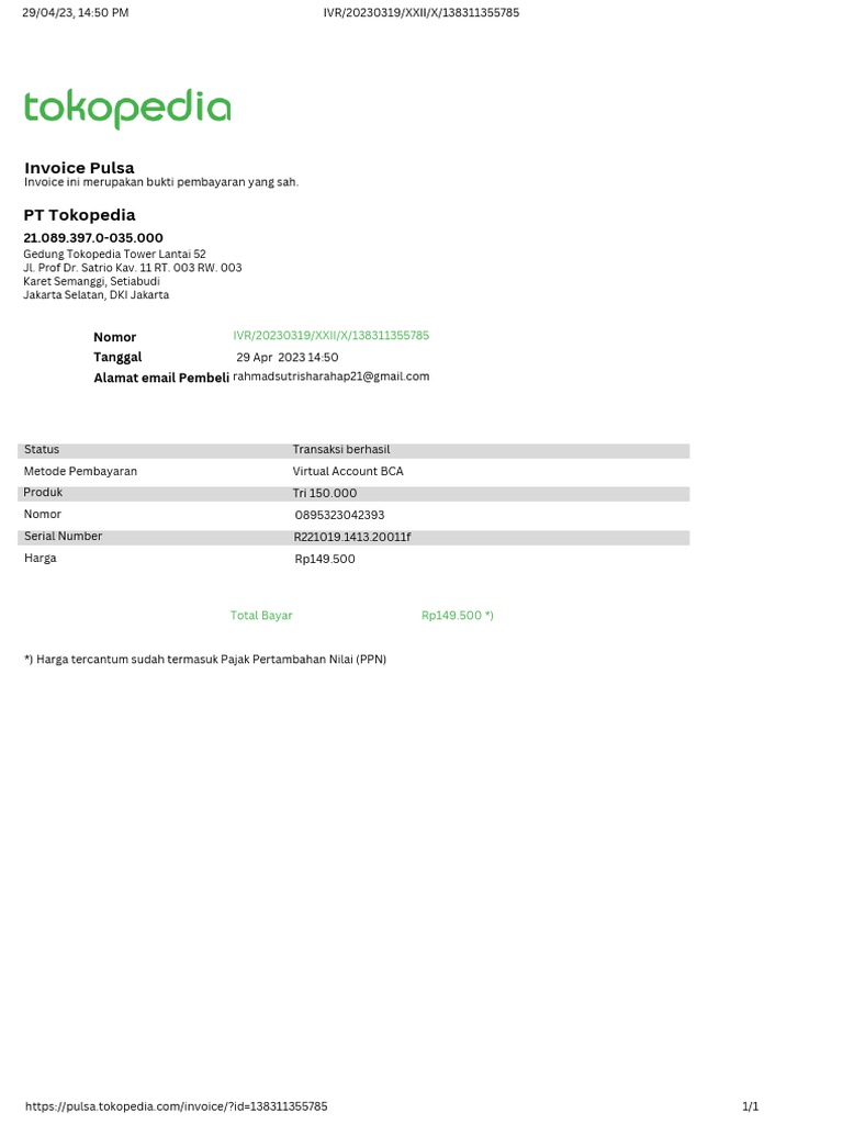 Invoice Pulsa PT Tokopedia: IVR/20230319/XXII/X/138311355785 | PDF