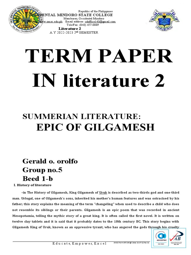 Epic of Gilgamesh: Literary Analysis | PDF | Epic Of Gilgamesh