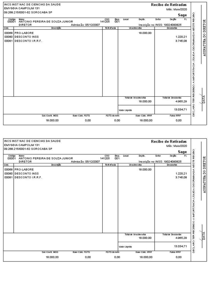 Folha de Pro Labore 05.2020 | PDF
