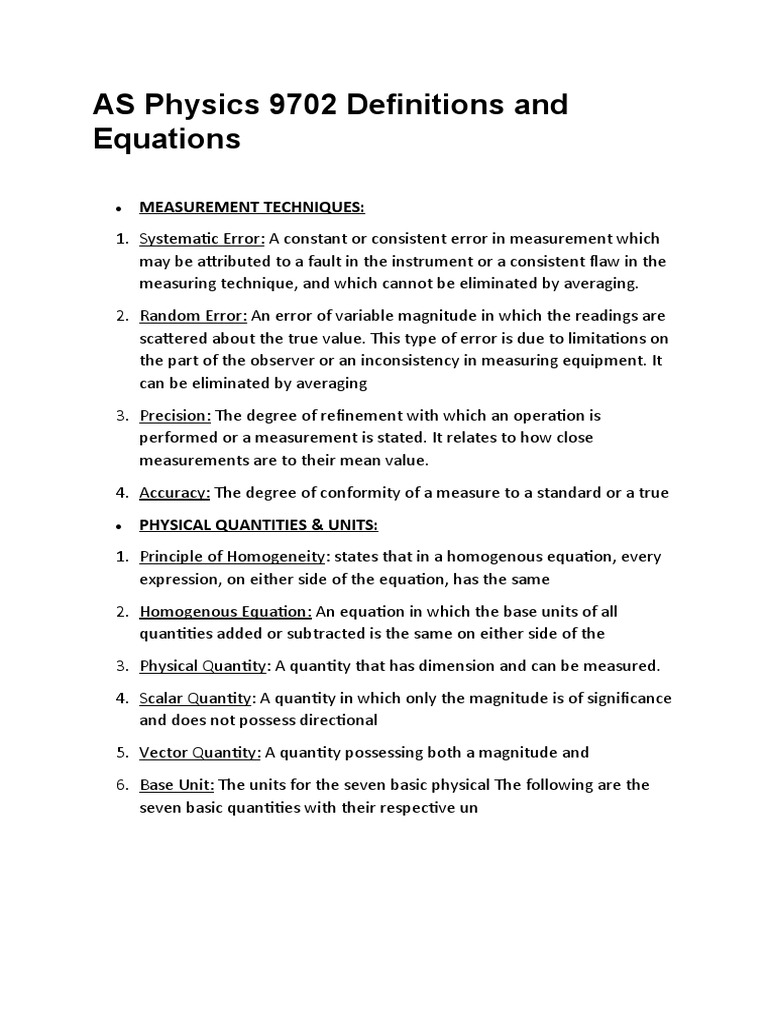 AS Physics 9702 Definitions and Equations | PDF