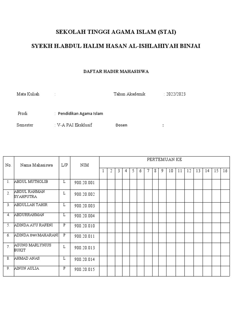Absensi V-A PAI Eks | PDF