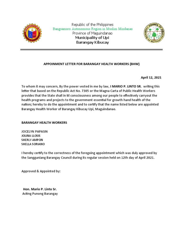 APPOINMENT LETTER FOR BARANGAY HEALTH WORKERS | PDF