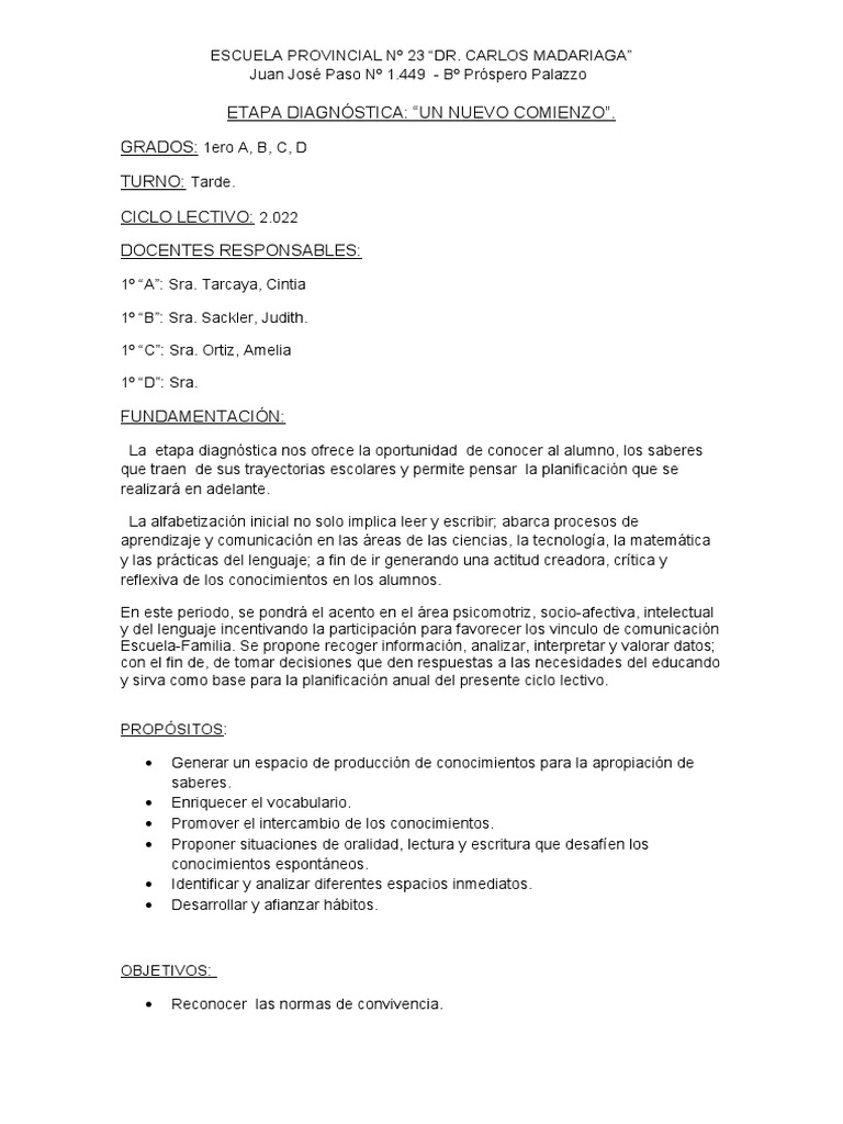 Etapa Diagnóstica Escuela Inicial Pdf Cognición Ciencia Cognitiva