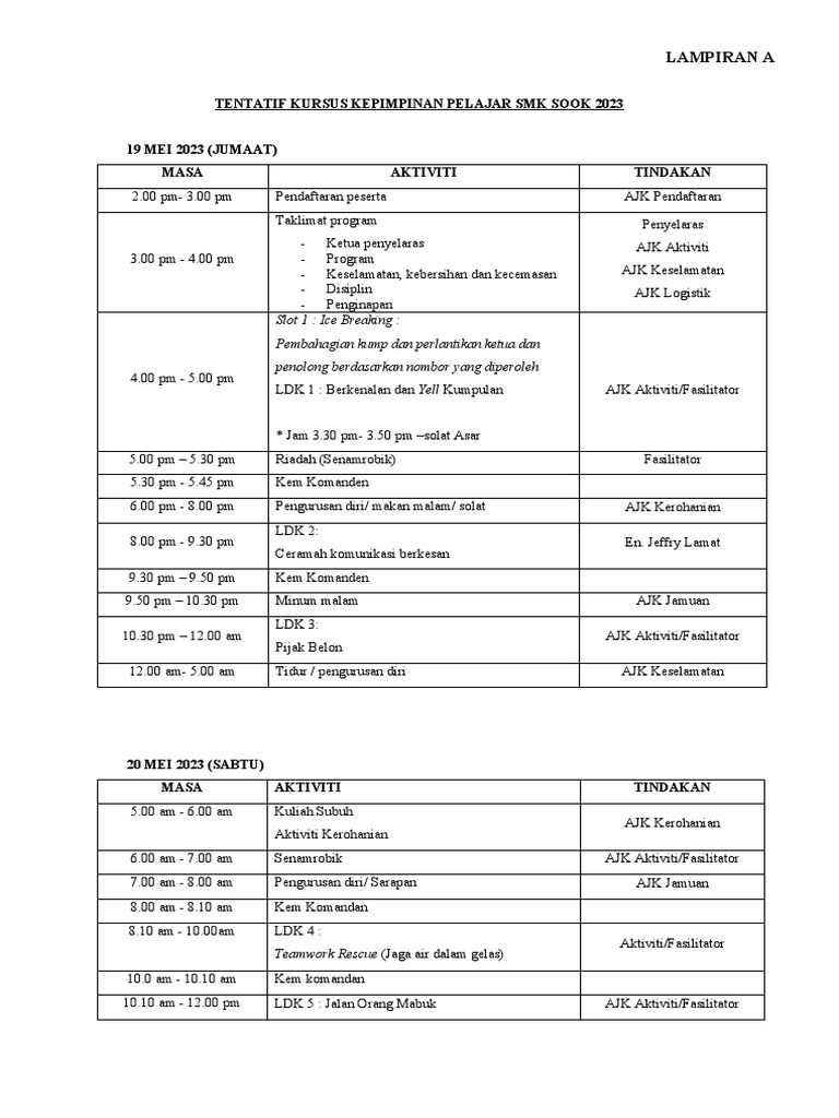 Tentatif Program Kem Kepimpinan 2023 | PDF
