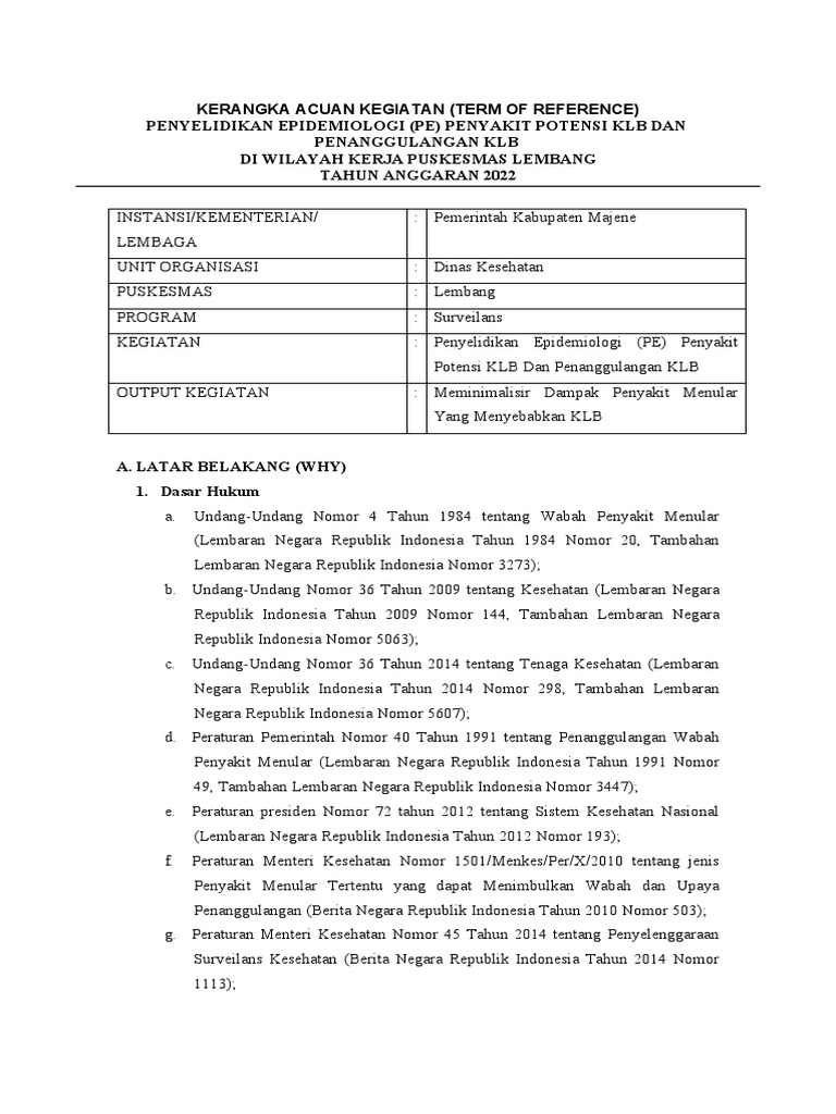 KAK Penyelidikan Epidemiologi (PE) Penyakit Potensi KLB Dan Penanggulangan KLB | PDF ...