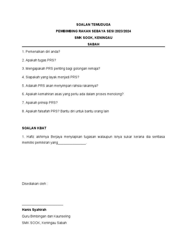 Soalan Temuduga Pembimbing Rakan Sebaya | PDF