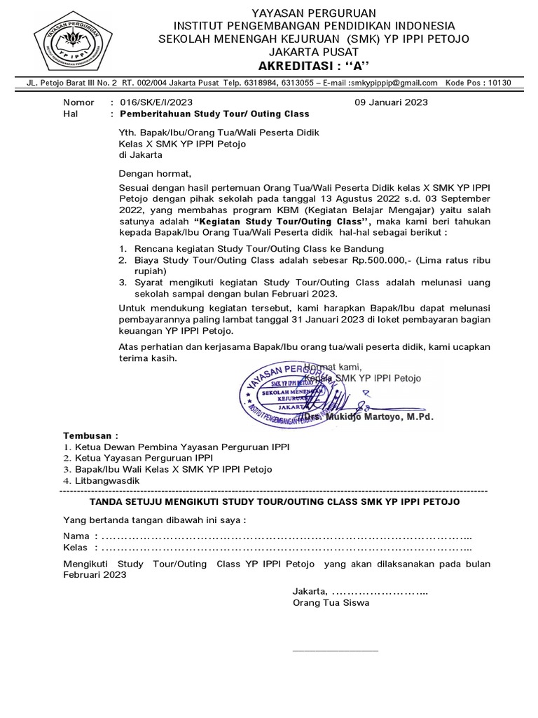 Pemberitahuan Study Tour-Outing Class SMK 2022-2023 | PDF