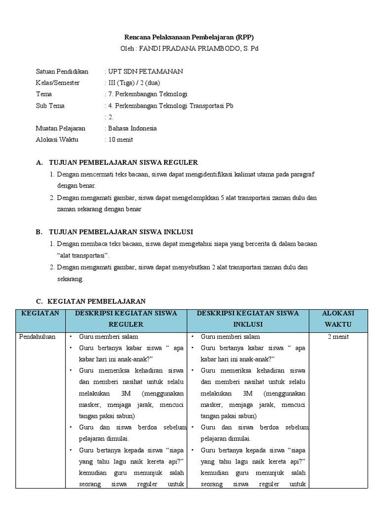 RPP Modif Tema 7. Perkembangan Teknologi - Transportasi | PDF
