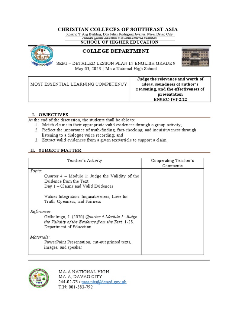 Grade 9 English Lesson Plan: Valid Evidence | PDF | Laughter | Evidence