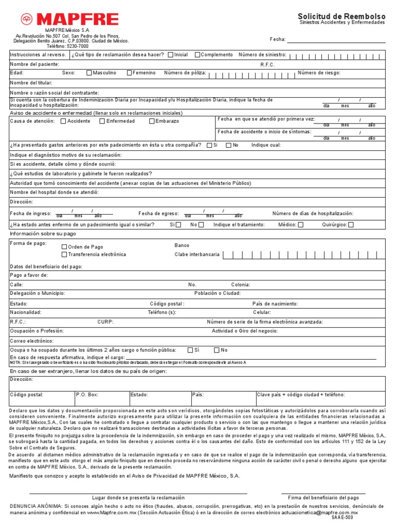 Solicitud De Reembolso De Gastos Médicos Por Accidente O Enfermedad