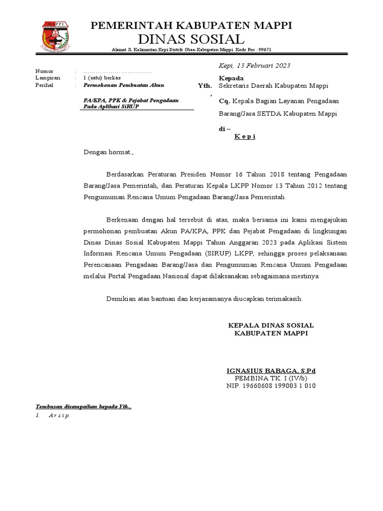 Surat Permohonan Pembuatan Akun PA-PPK-PP DINSOS | PDF