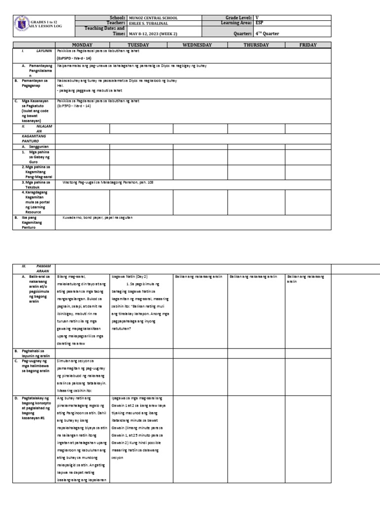 Grade 5 DLL Esp 5 q4 Week 2 | PDF