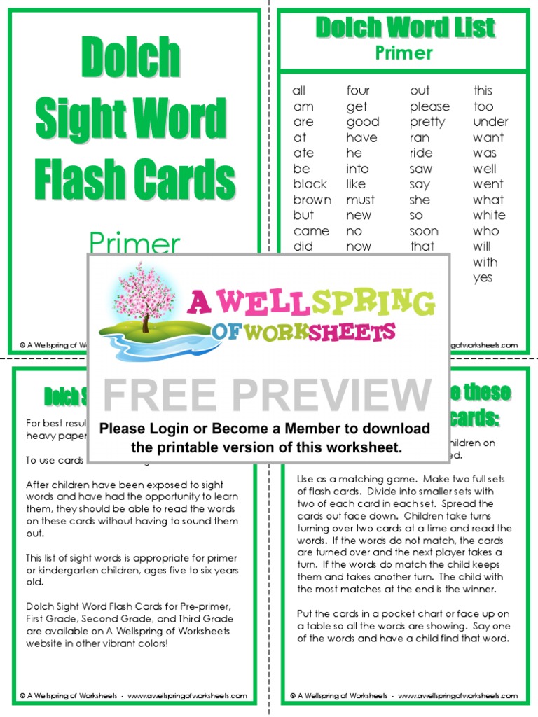 Dolch Sight Word Flash Cards Primer Color Free | PDF