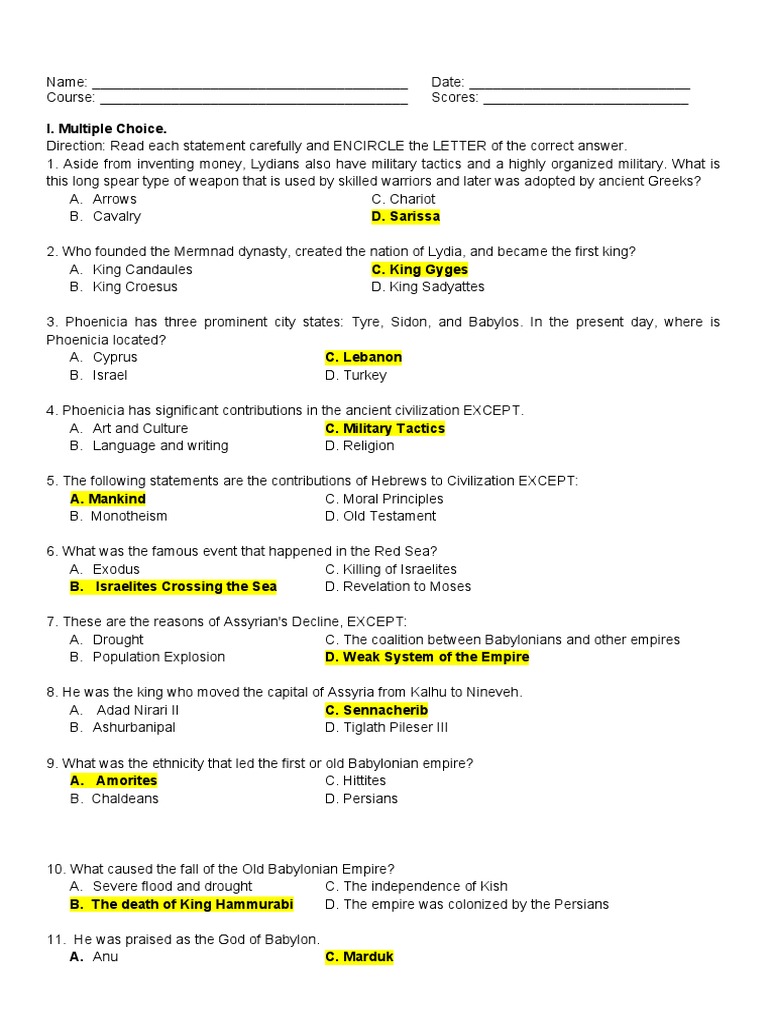 Other Near Eastern People Make Contribution ANSWER KEY | PDF ...