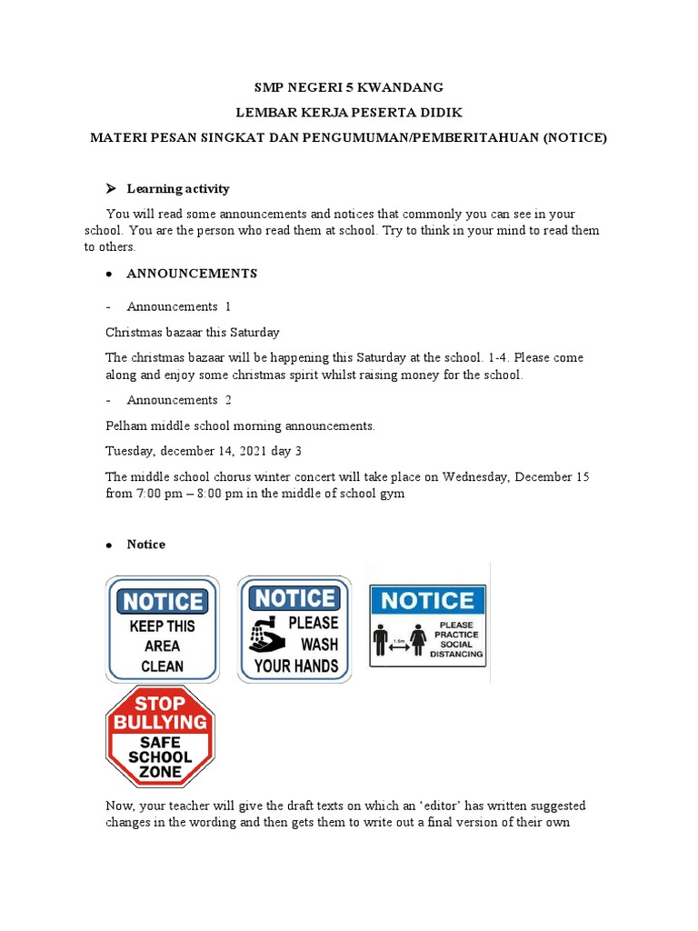 Student Worksheet: Announcements & Notices | PDF