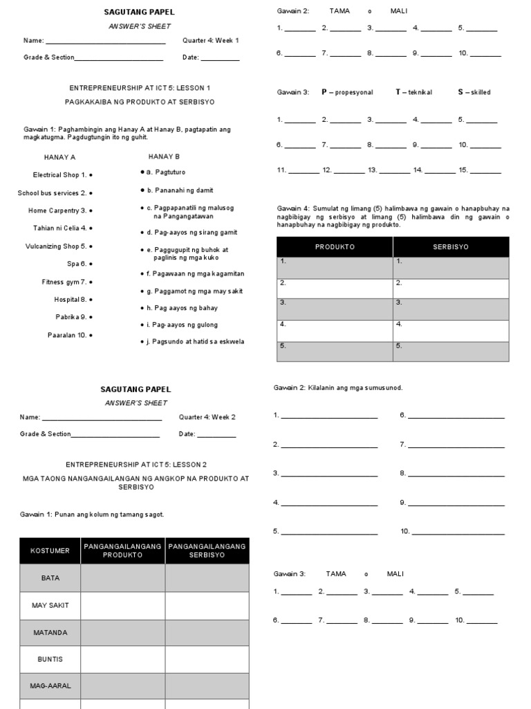Entrep Ict 5 Lesson 1 8 Answers Sheet | PDF