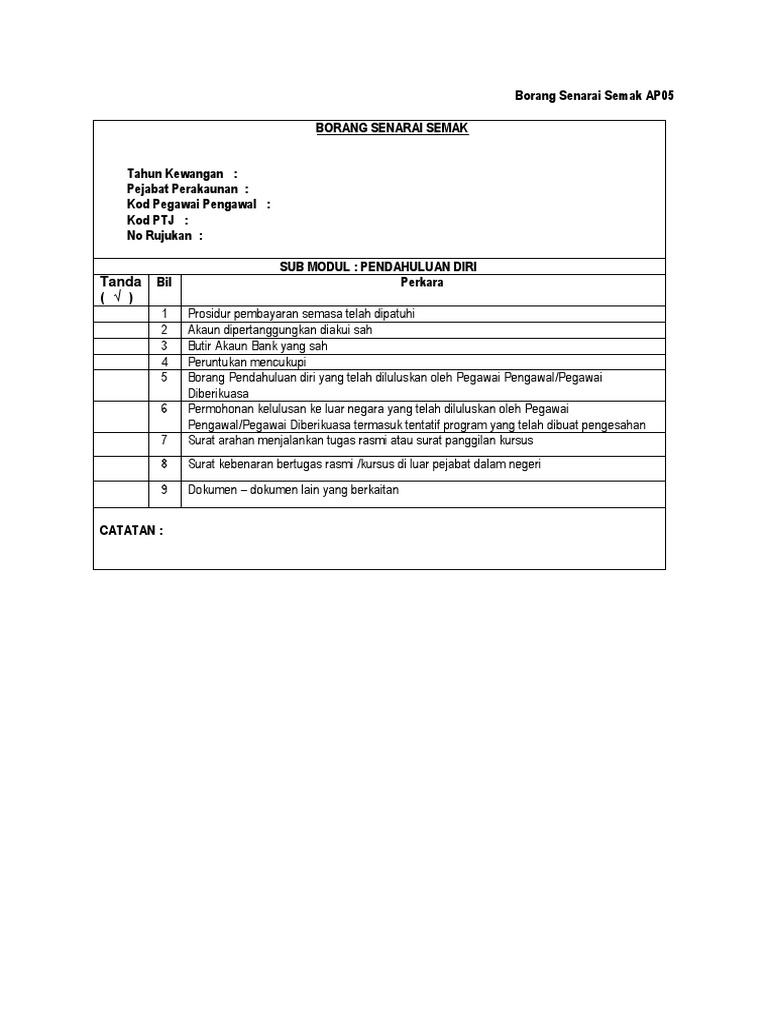 BORANG SENARAI SEMAK AP05-Pendahuluan Diri | PDF