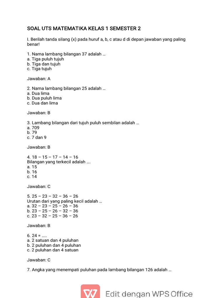 Soal Uts Matematika Kelas 1 Semester 2 | PDF