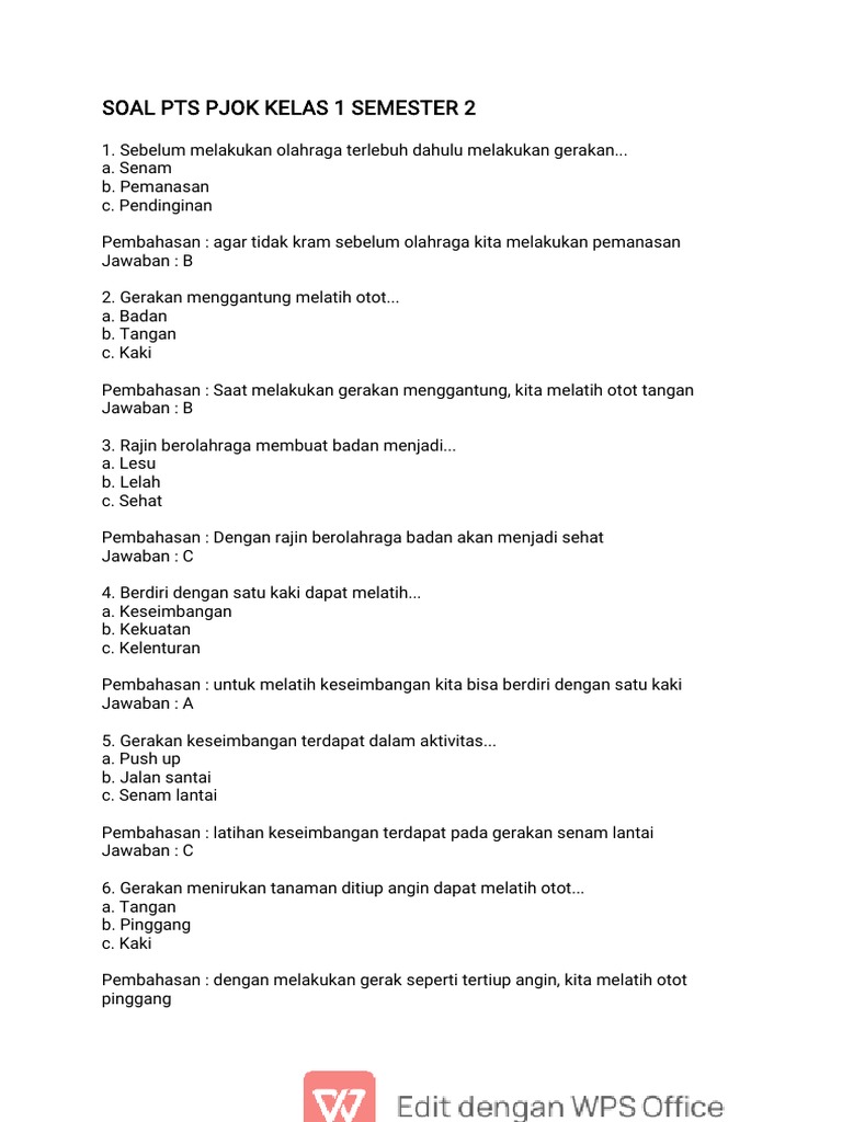 Soal Pts Pjok Kelas 1 Semester 2 | PDF