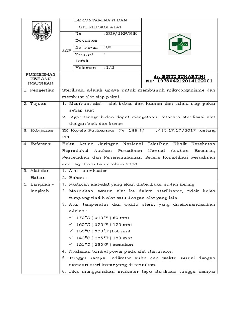 24.sop Dekontaminasi Dan Sterilisasi Alat | PDF