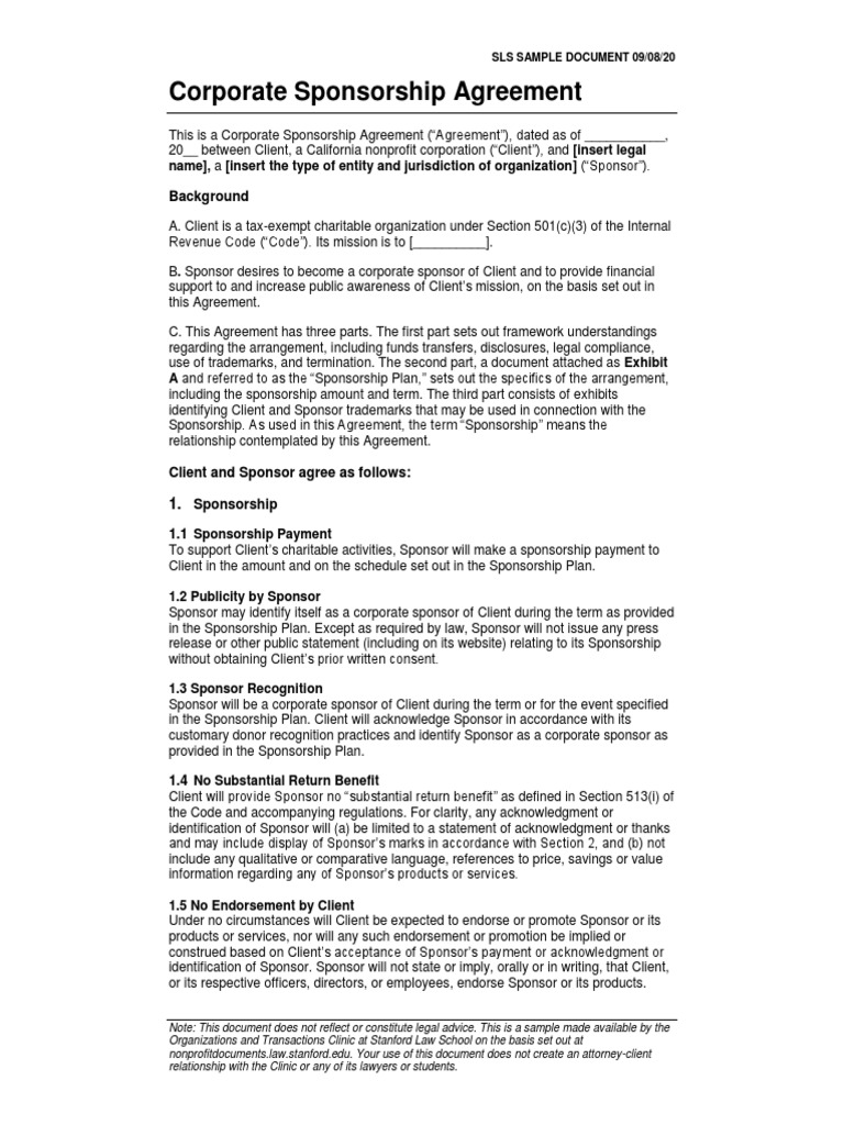 Corporate Sponsor Agreement SLS Sample 09 08 20 | PDF