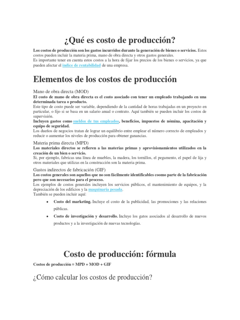 Costo de Producción: Definición y Cálculo | PDF